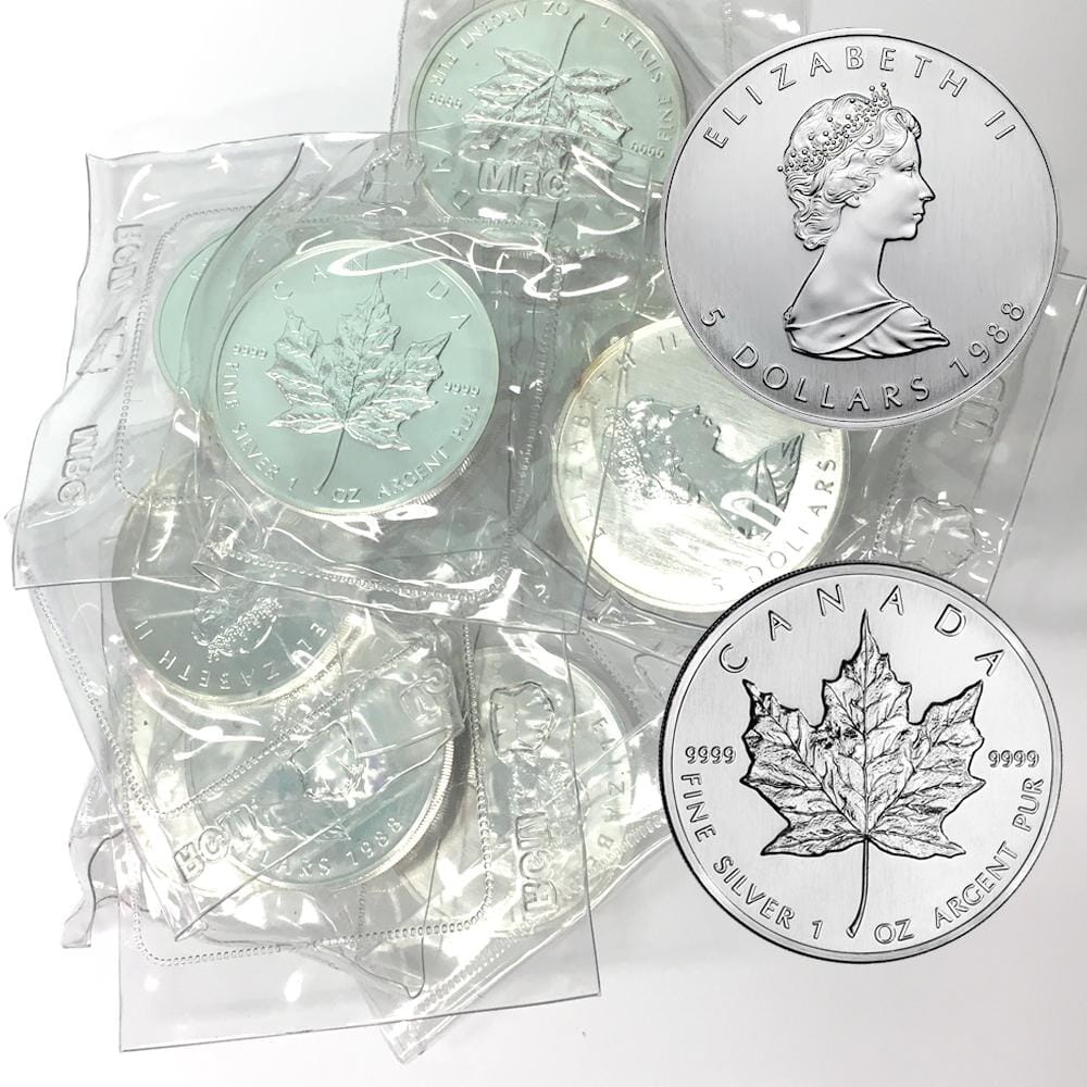1988 1 oz Canadian Silver Maple Leaf $5 Coins, 1 toz Fine Silver, In P