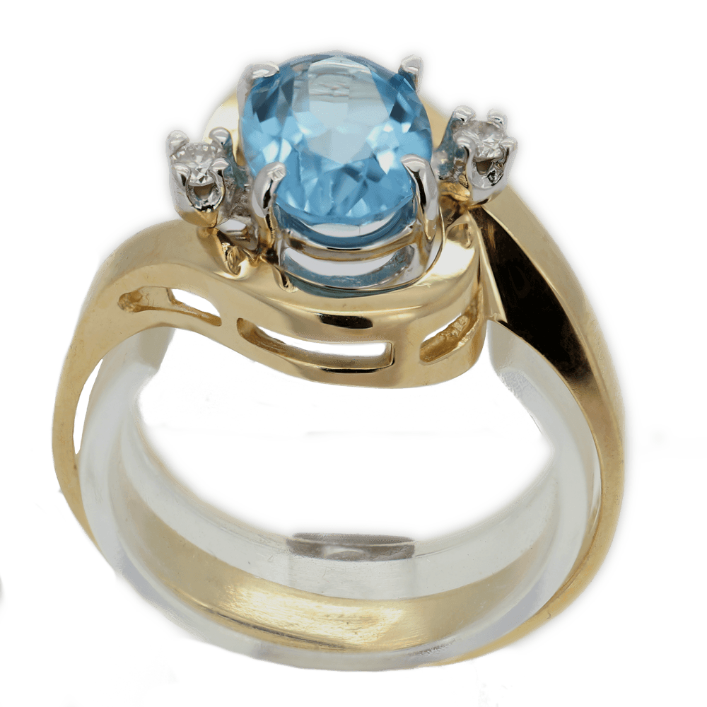 14K Blue Topaz & Diamond Ring, Size 6 3/4